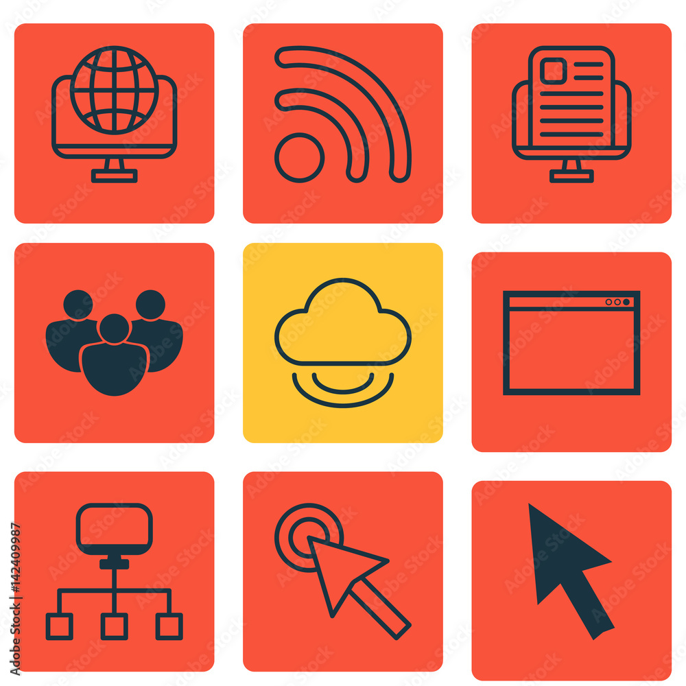 Set Of 9 Internet Icons. Includes Local Connection, Mouse, Blog Page ...