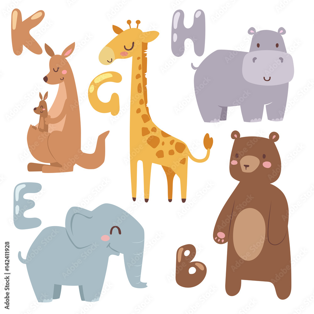 Cute zoo cartoon animals isolated funny wildlife learn cute language ...