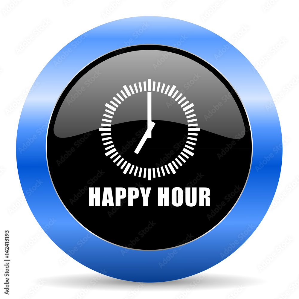 Happy hour black and blue web design round internet icon with shadow on ...