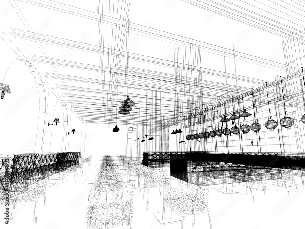 sketch design of interior restaurant, 3d rendering Stock Illustration ...