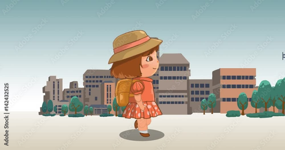 Seamless animation of little cartoon girl walking on the street with ...