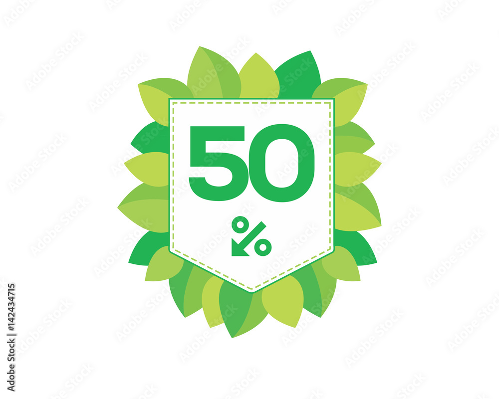 Green price tag label with 50% text designed with an arrow percent icon ...