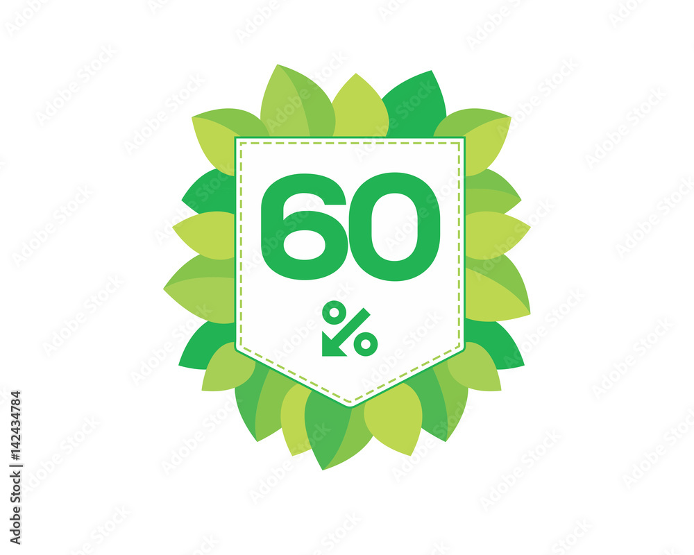 Green price tag label with 60% text designed with an arrow percent icon ...