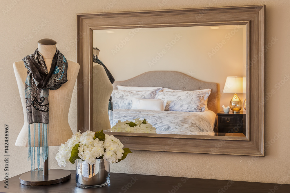 reflection of contemporary bedroom in mirror Stock-Foto | Adobe Stock