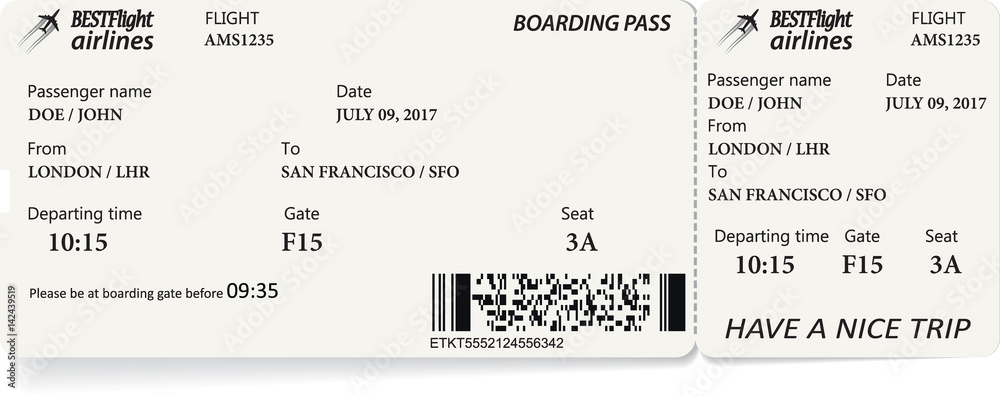 Airline boarding pass ticket in black and white colors. Vector ...