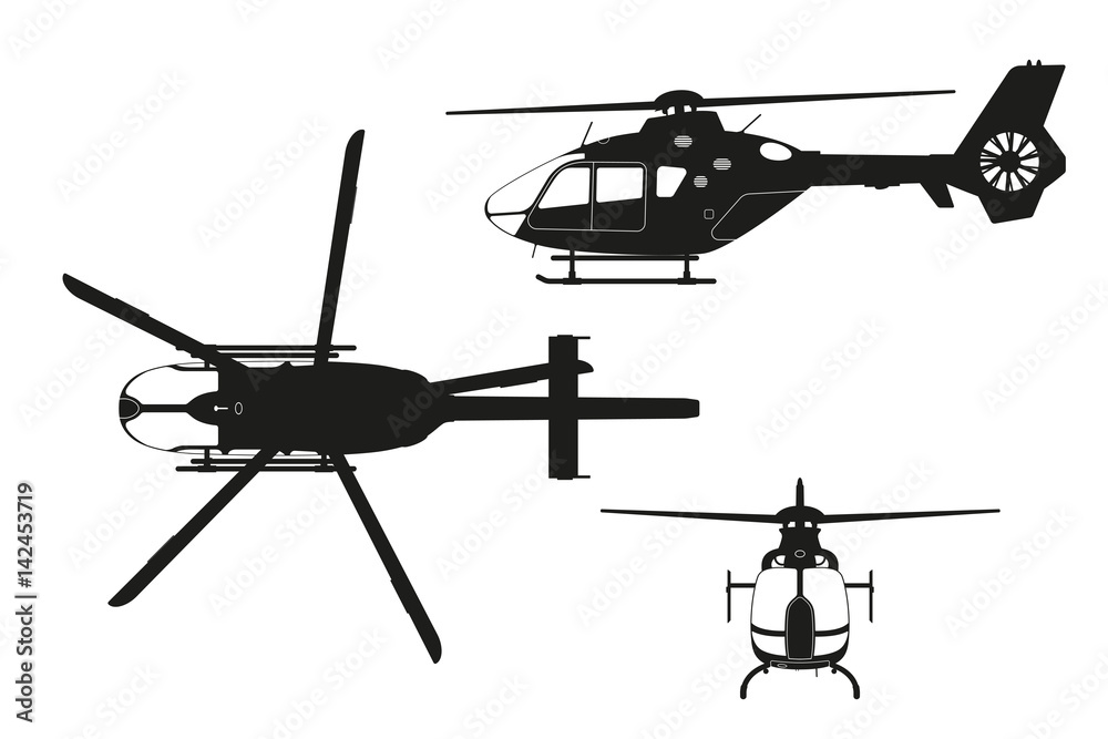 Black silhouette of helicopter on white background. Top, side, front ...