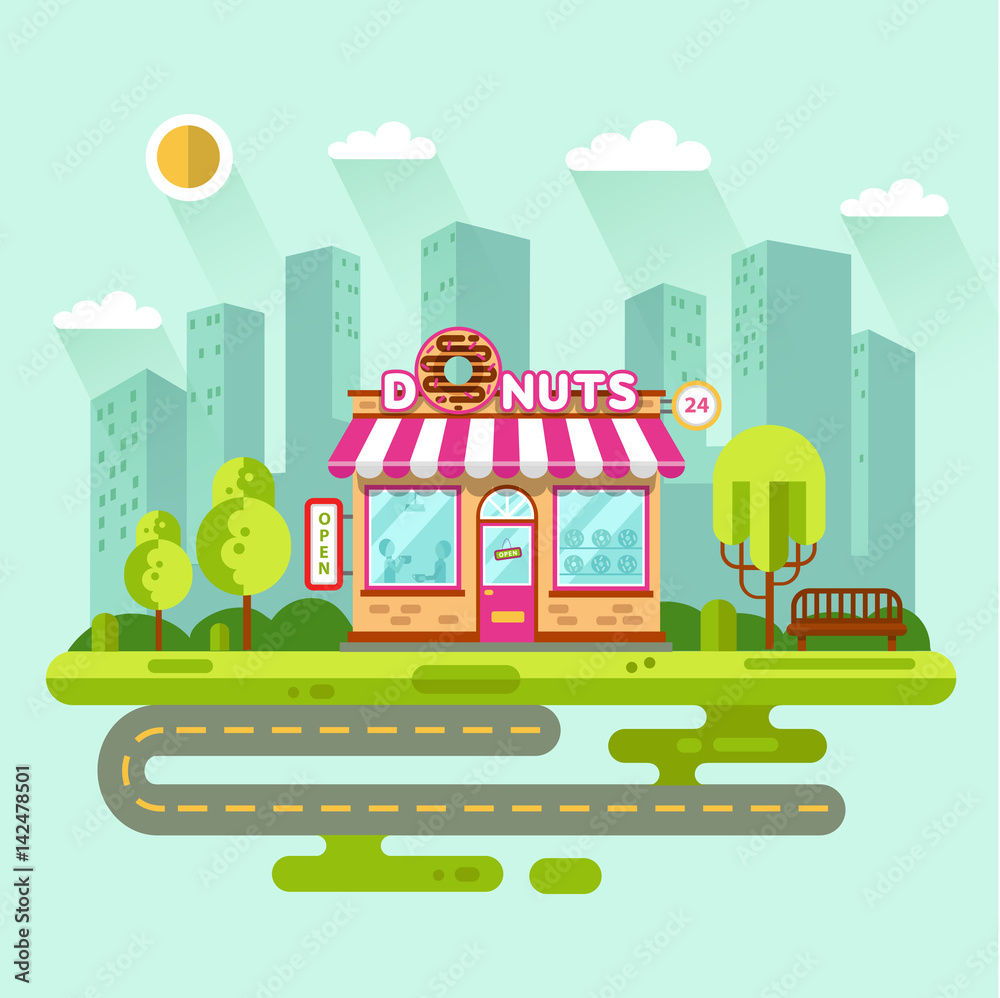 Vector flat design illustration of City landscape with donuts shop or ...
