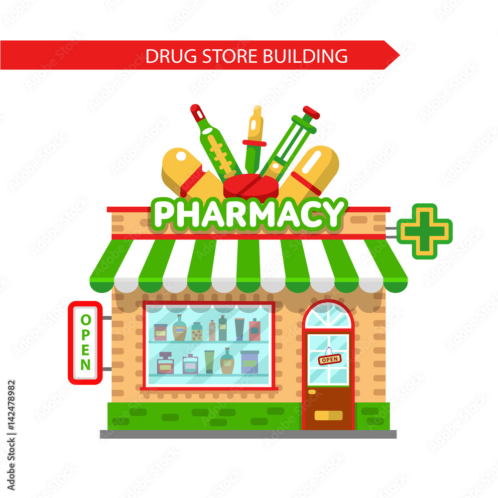 Vector flat style illustration of pharmacy shop building. Signboard ...