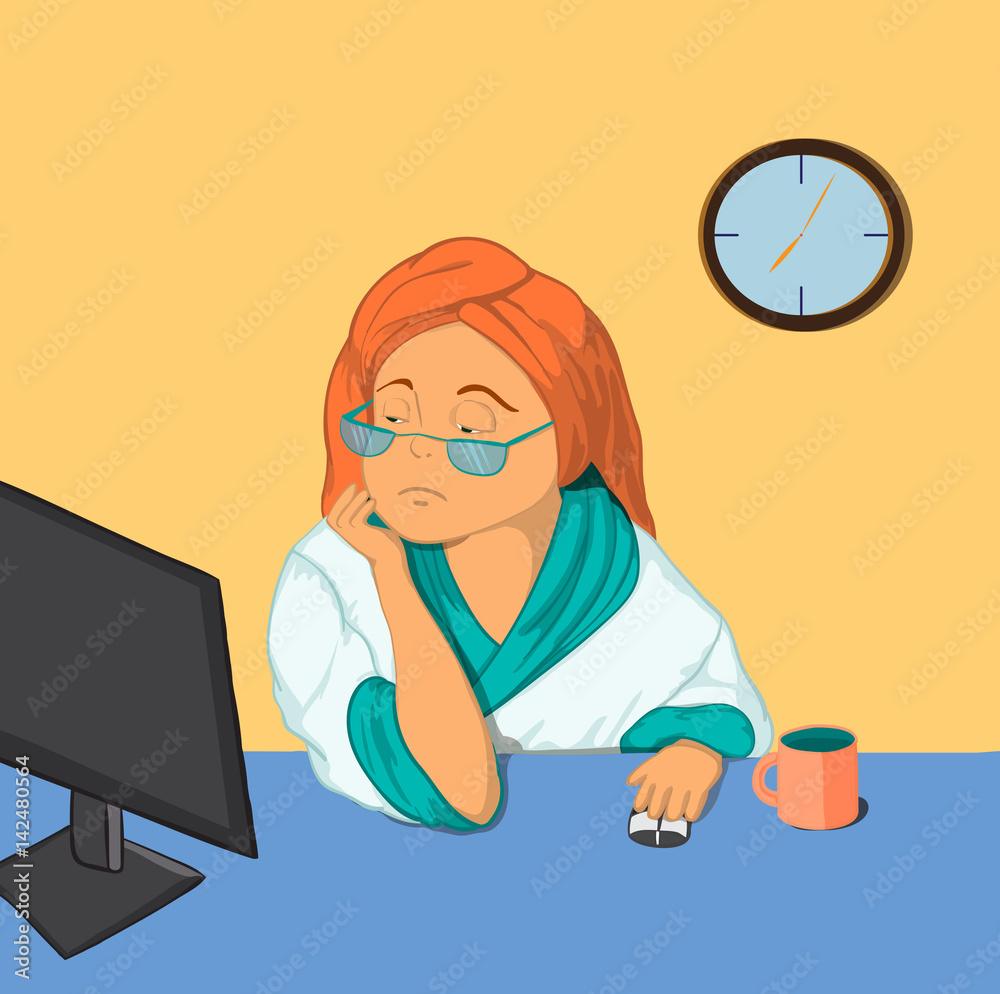 Cartoon girl with a bored expression, looking at the computer Stock ...