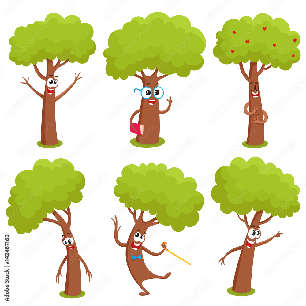 Set of funny comic tree characters showing various emotions, cartoon ...