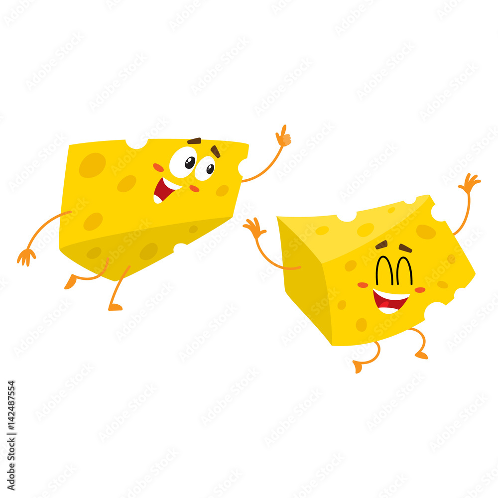 two Cute and funny cheese chunk character pointing up with its finger ...