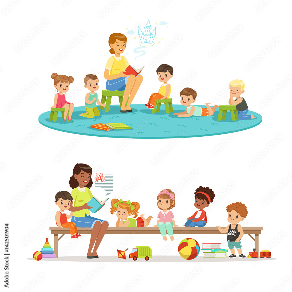 Group of preschool kids and teacher. Teacher reading for kids in the ...