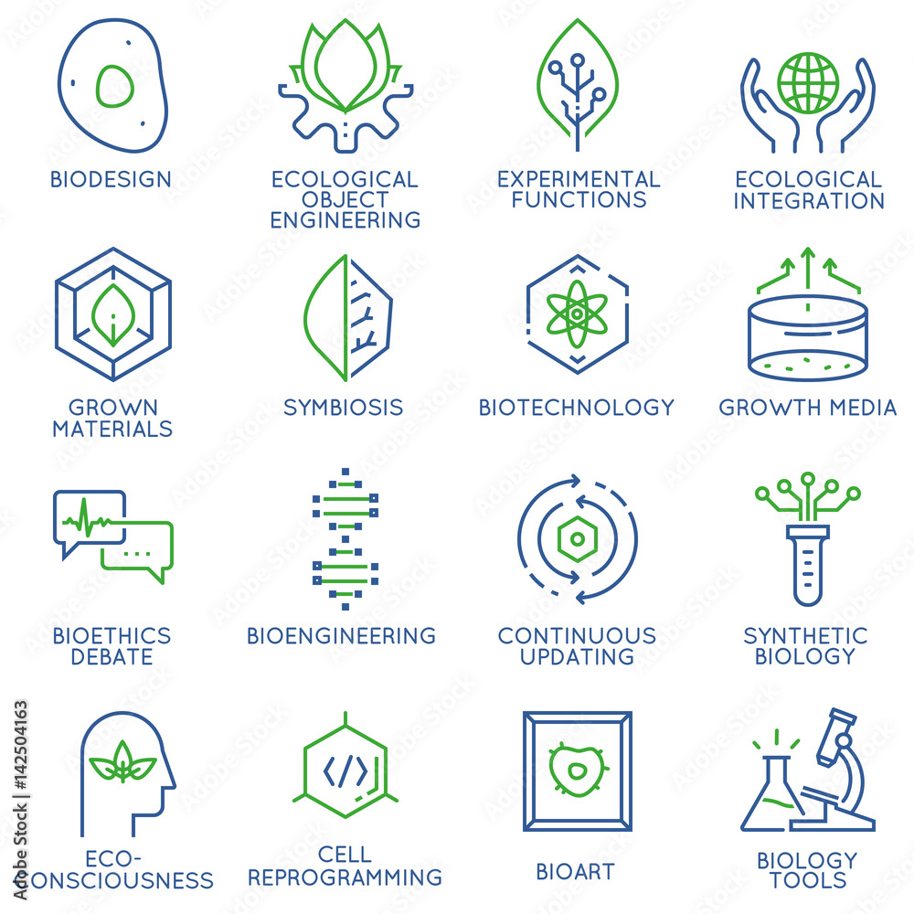 Vector set of 16 linear thin icons related to bio design, biotechnology ...