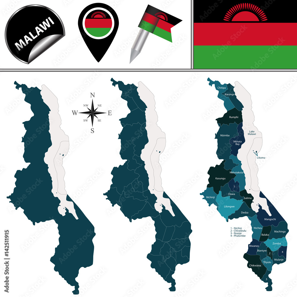 Map of Malawi with Named Districts Stock Vector | Adobe Stock