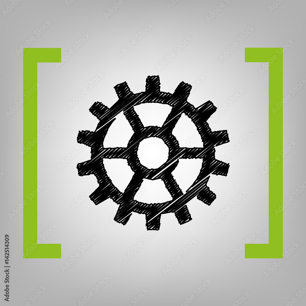 Gear sign. Vector. Black scribble icon in citron brackets on grayish ...