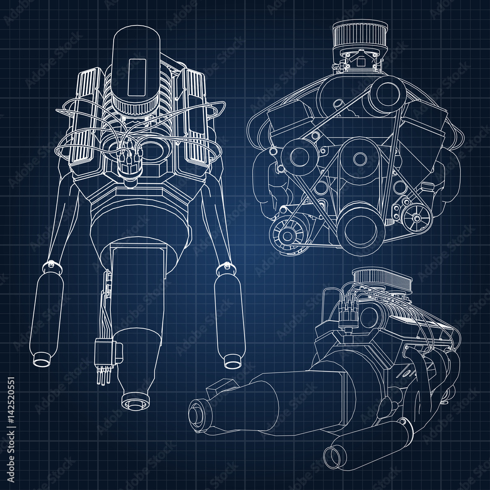 A set of several types of powerful car engine. The engine is drawn with ...