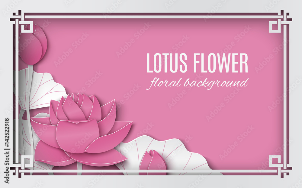 Oriental floral background with pink lotus flowers and ornate cut frame ...