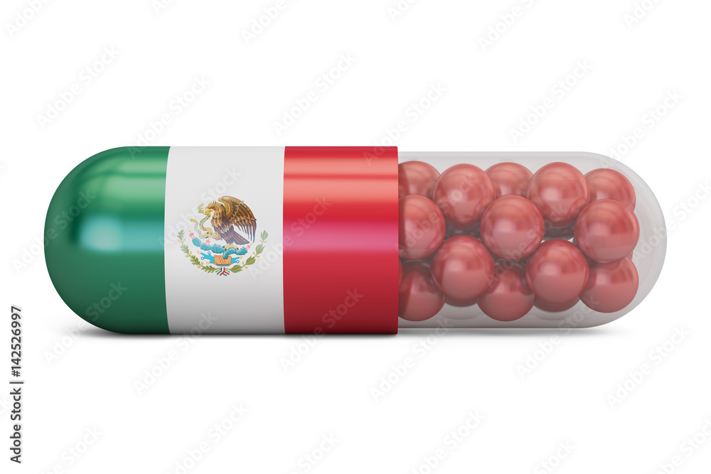 Pill capsule with Mexico flag. Mexican health care concept, 3D ...