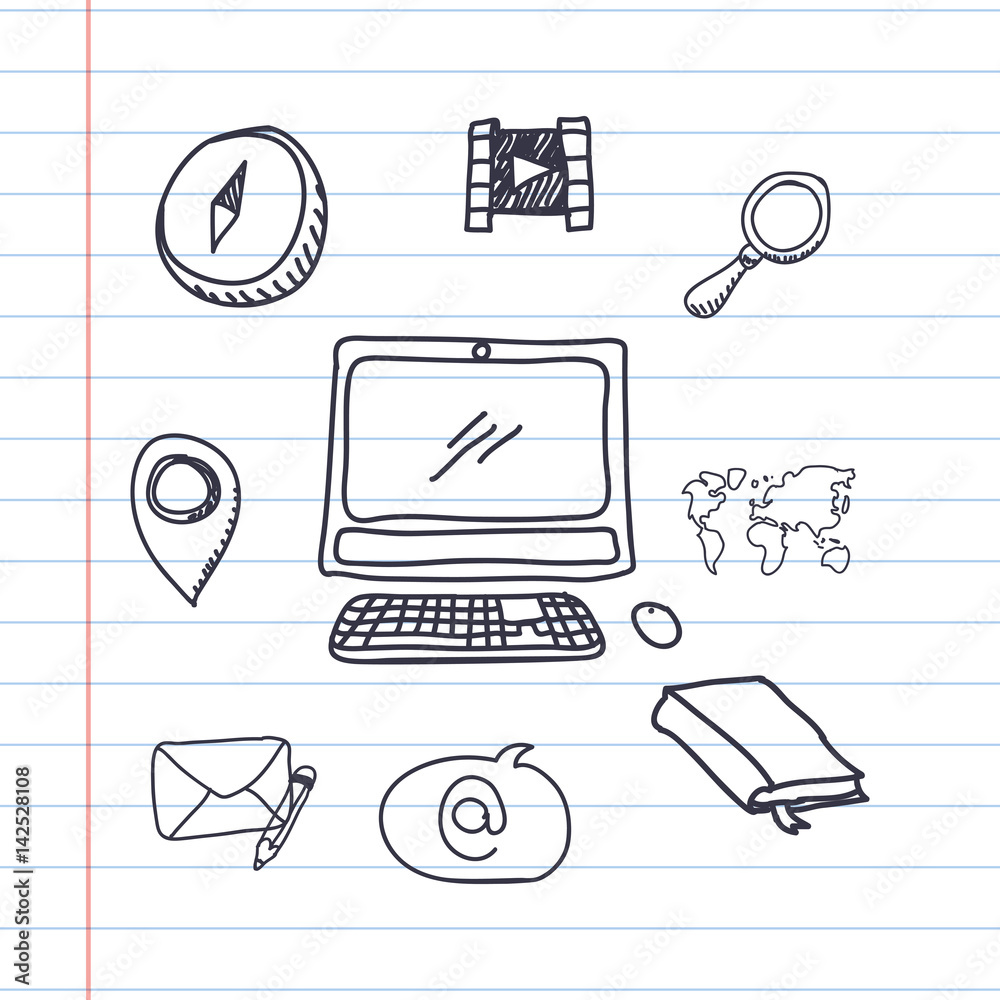 Computer technology scribble cartoons drawing vector illustration Stock ...