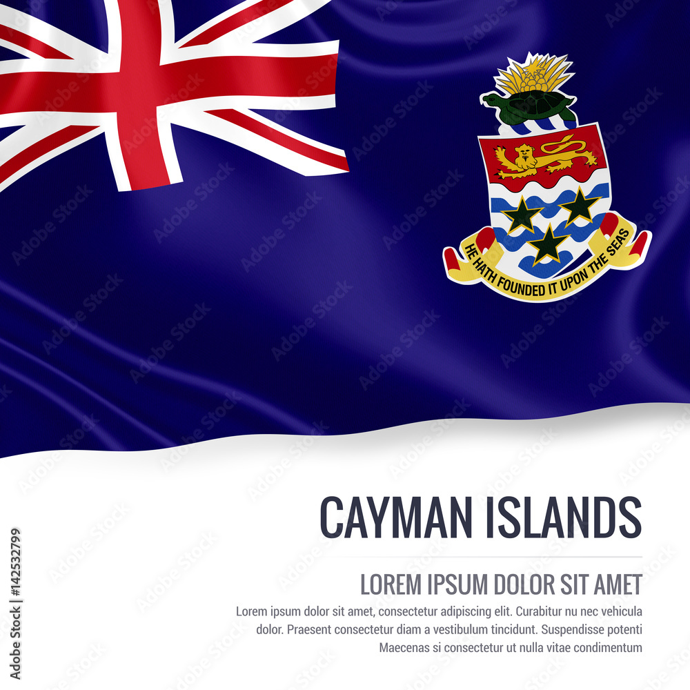 Silky flag of Cayman Islands waving on an isolated white background ...