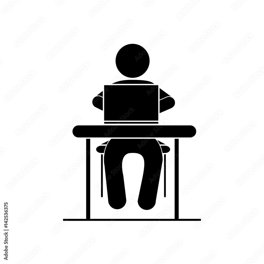black silhouette pictogram sitting in desk with computer vector ...