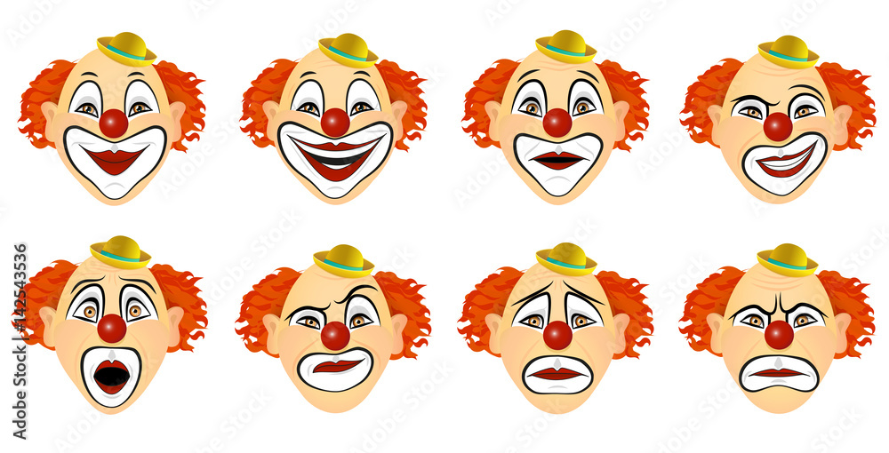 The set of emotions the clown. Vector illustration. Eight different ...
