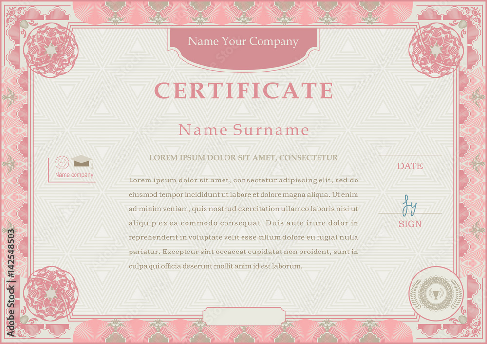 Pink official certificate. Pink guilloche border on beige background ...