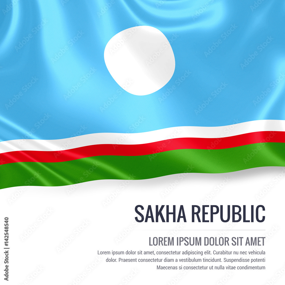 Silky flag of Sakha Republic waving on an isolated white background ...