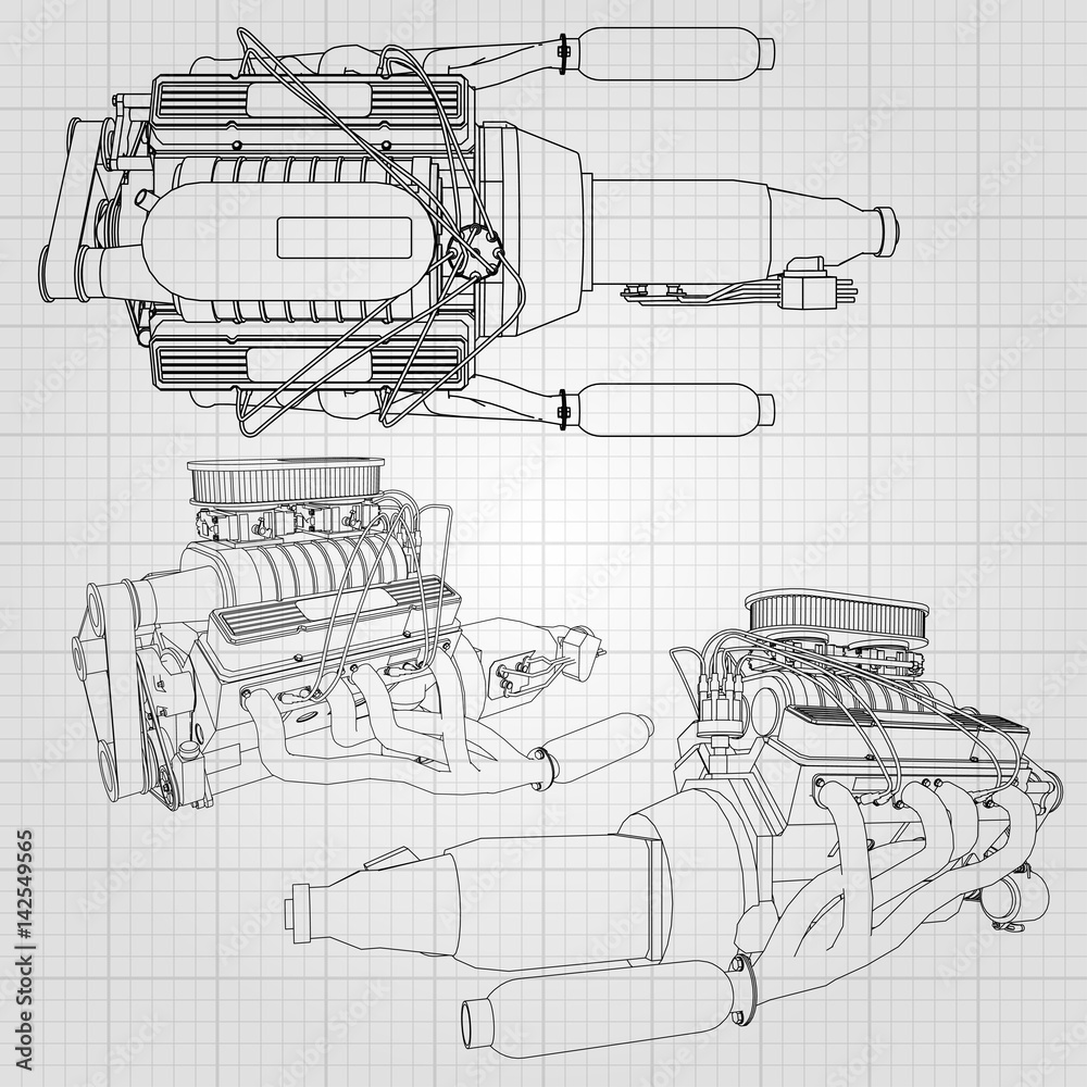 A set of several types of powerful car engine. The engine is drawn with ...