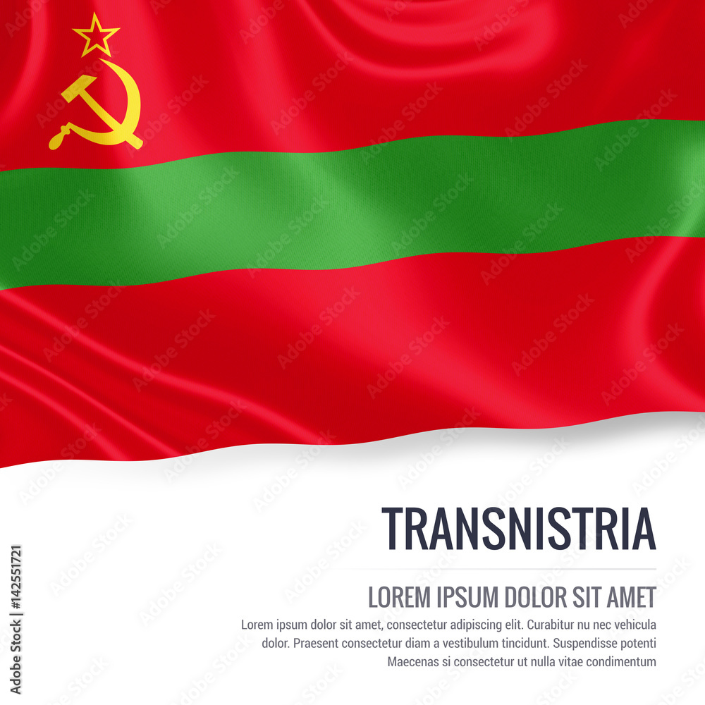 Silky flag of Transnistria waving on an isolated white background with ...