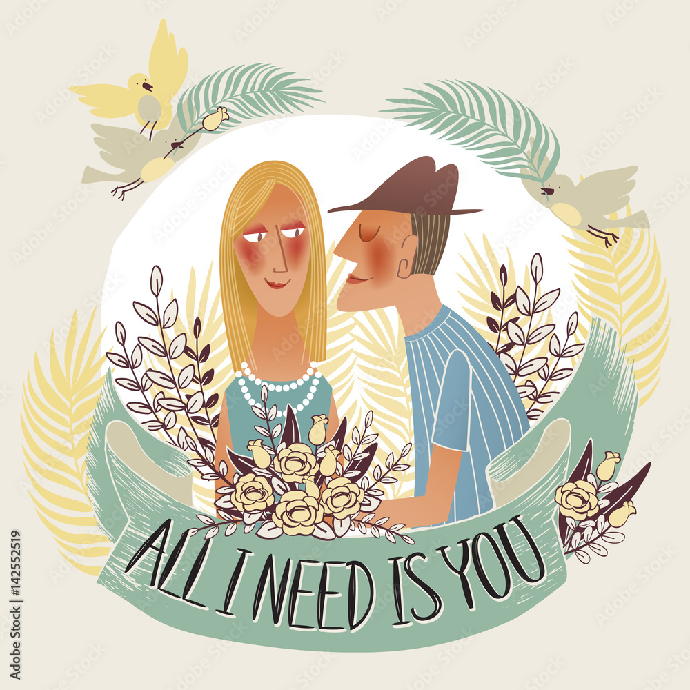 Vector illustration of a romantic couple with floral banner for wedding ...