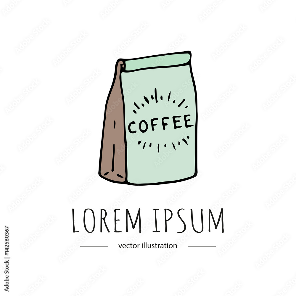 Hand drawn doodle Coffee package icon Cartoon style Colorful Beverage ...