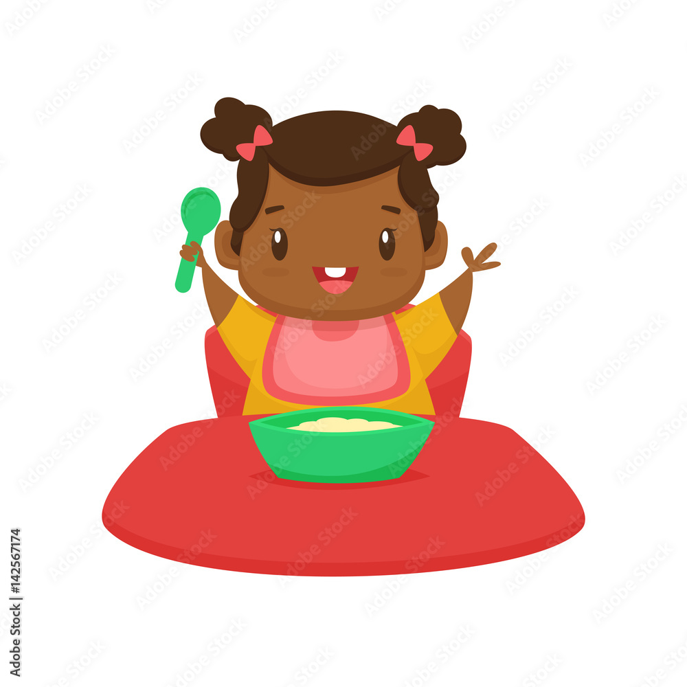 Cute black baby girl eating cartoon illustration vector Stock Vector ...