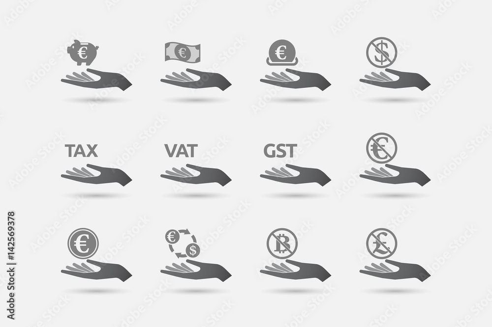 Set of hands in giving position with money, economy, business and ...