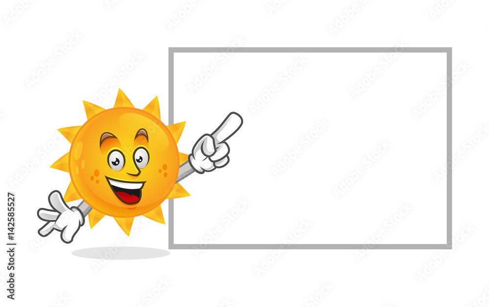 sun mascot pointing to a blank sign, sun character, sun cartoon vector ...