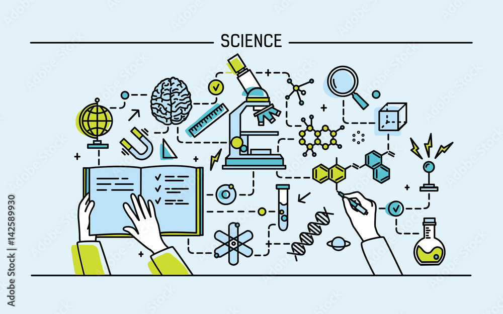 Line art colorful vector illustration. Science word and technology ... Line art colorful vector illustration. Science word and technology ...