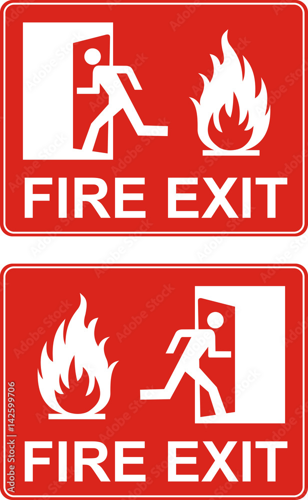 Red exit sign. Emergency fire exit door and exit door. Label with human ...