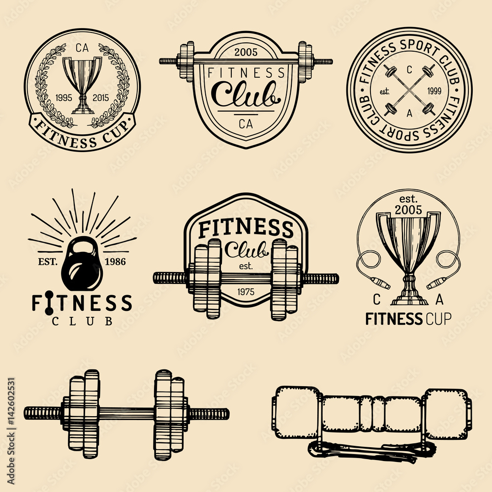 Vector fitness logos set. Hand sketched athletic signs. Gym emblems ...