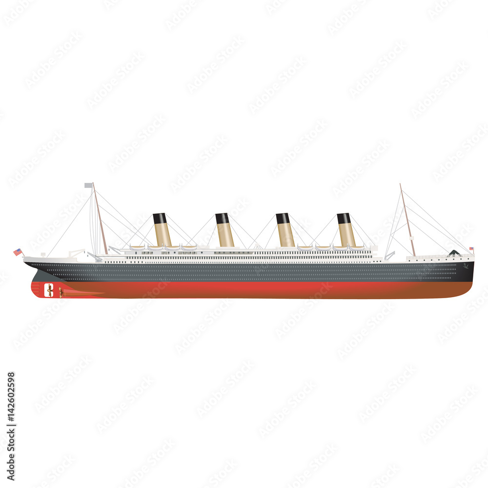 Technical illustration of a steam cruise ship the titanic with 4 smoke ...