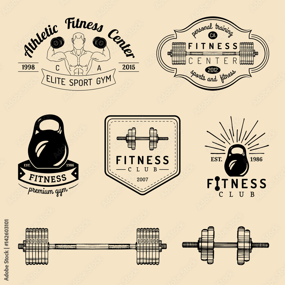 Vector fitness logos set. Hand sketched athletic signs. Gym emblems ...