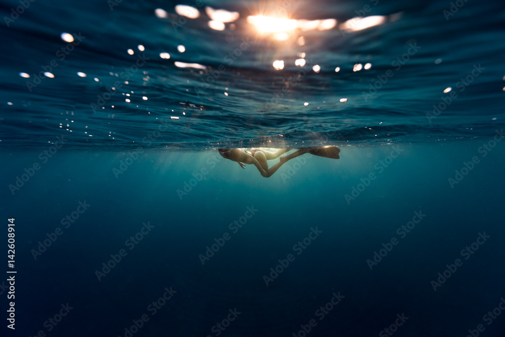 Underwater view of woman swimming on the water surface Stock Photo ...