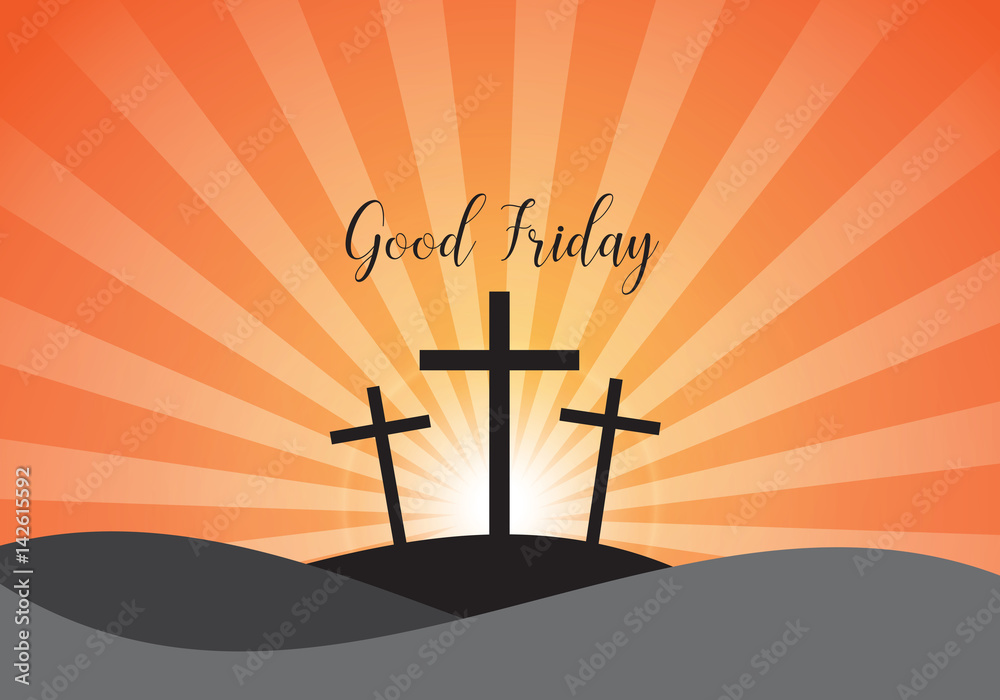 Good Friday. Background with white cross and sun rays in the sky ...