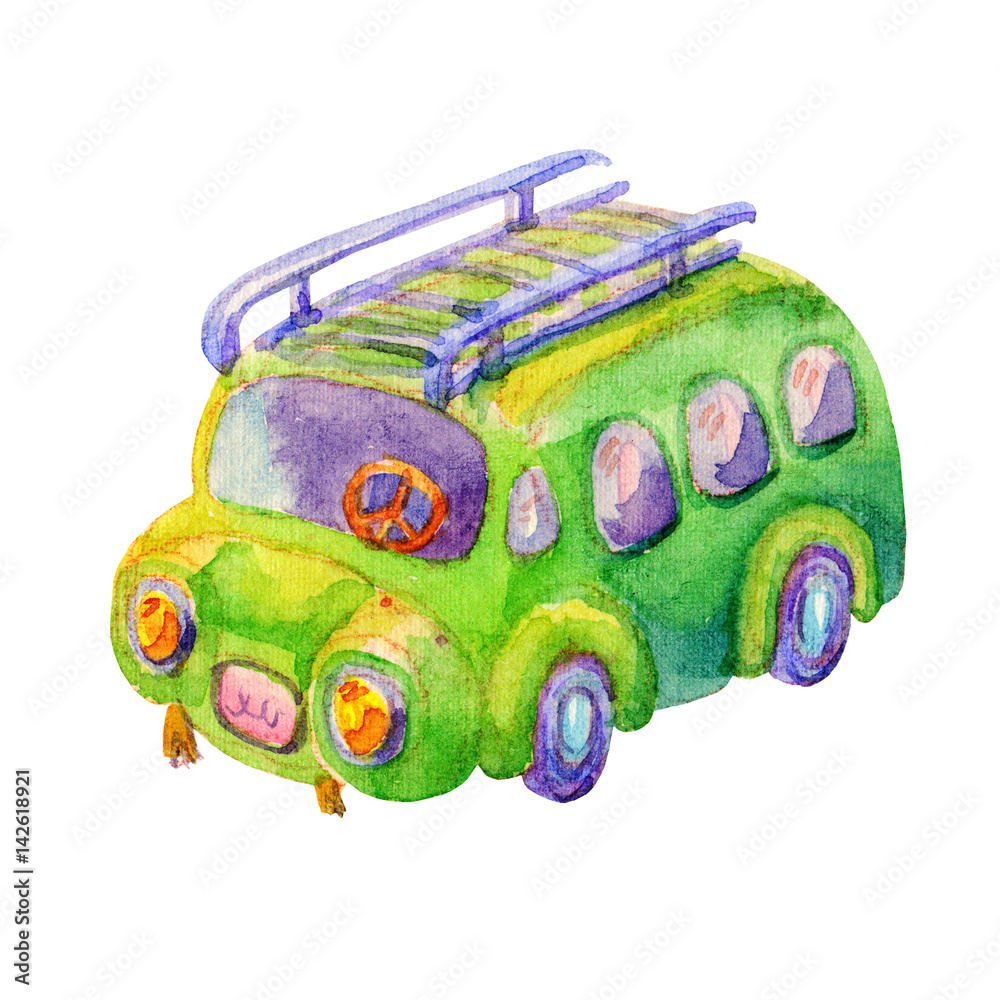 Cartoon Vintage watercolor green bus illustration isolated on white ...