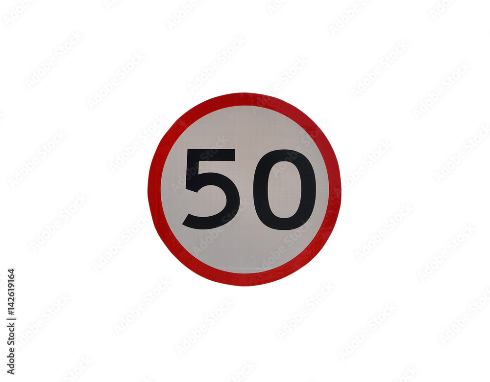 Traffic sign speed limit 50 on white background Stock Photo | Adobe Stock