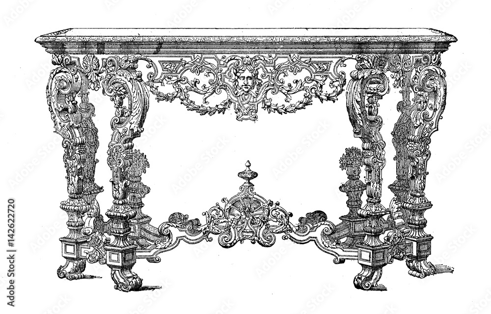 Vintage engraving of rococo console Louis XIV furniture style, XVII ...