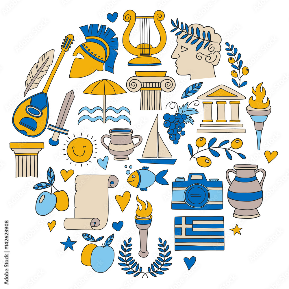 Ancient Greece Vector elements in doodle style Travel, history, music ...