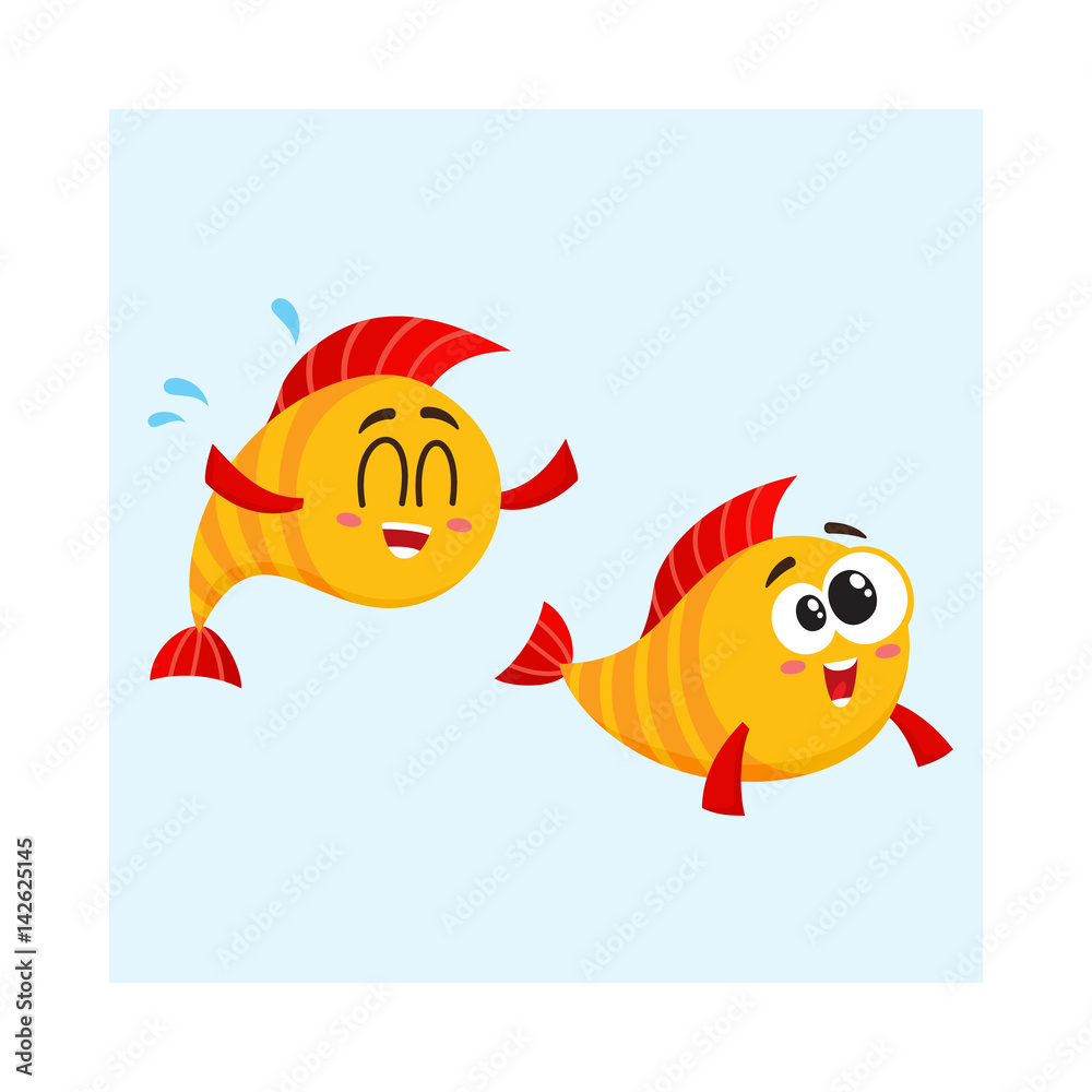 Two funny, smiling, crazy golden fish characters swimming together ...
