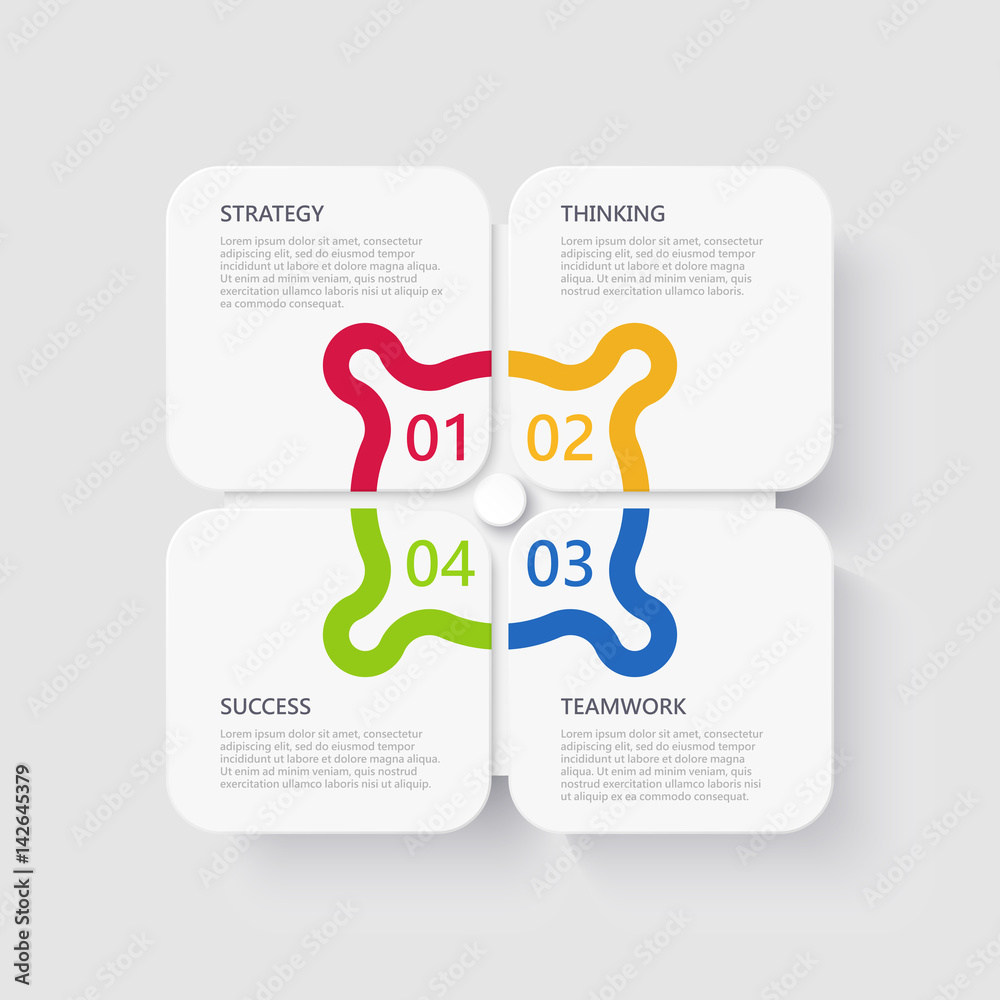 Modern 3D infographic template with 4 steps for success. Business square elements template with ...