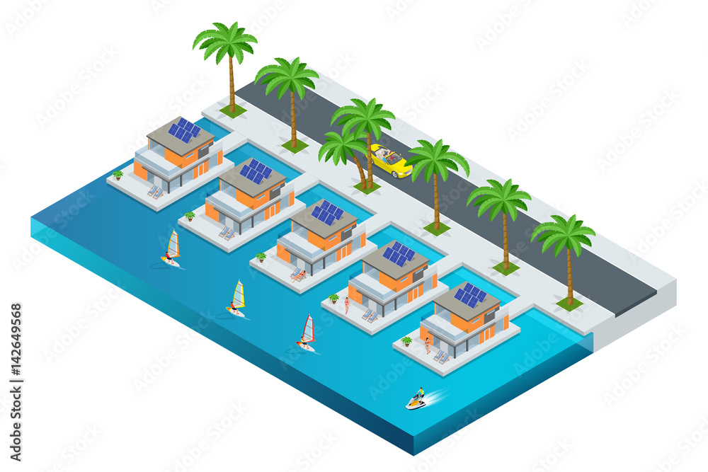 Luxury tropical hotel resort with palm tree, cabriolet,yacht and sea ...