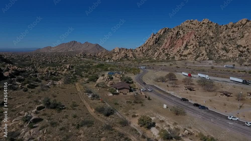 Aerial view of a scenic rest area along an interstate highway in ...